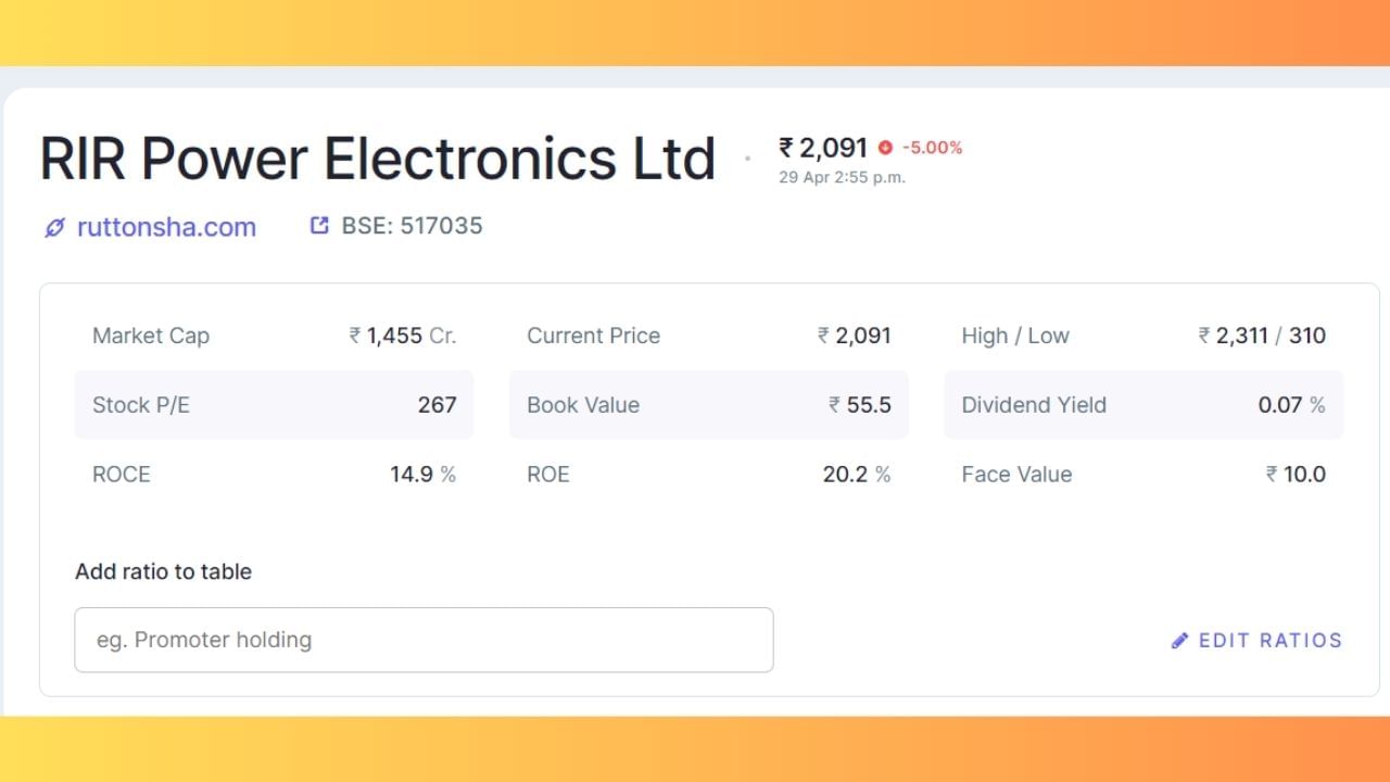 RIR Power Electronics શેરમાં લાગી લોઅર સર્કિટ, 110 રૂપિયા ઘટ્યો શેર ...